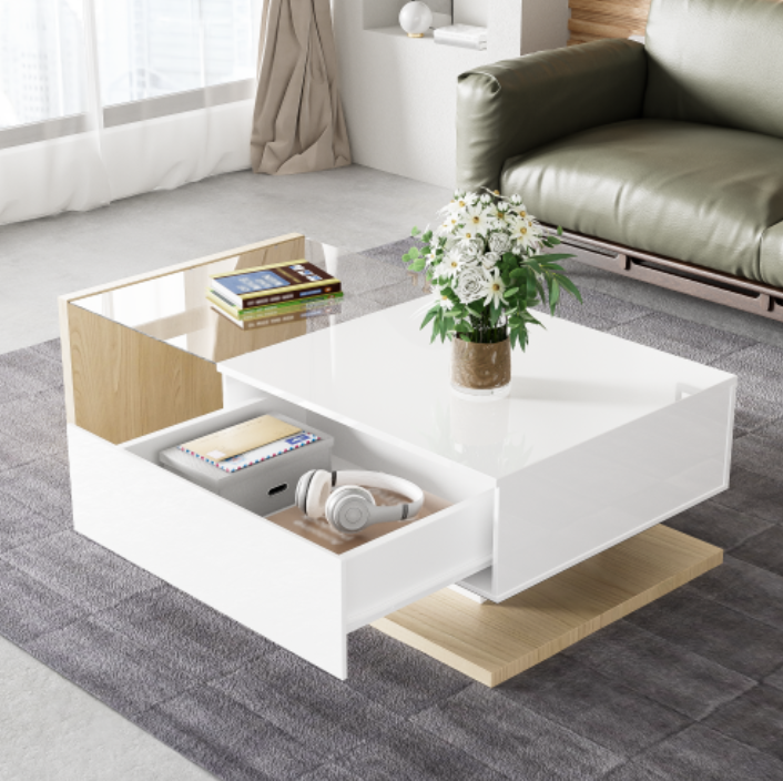 Coffee Table In High Gloss White And Wood Color Combination. Side ...