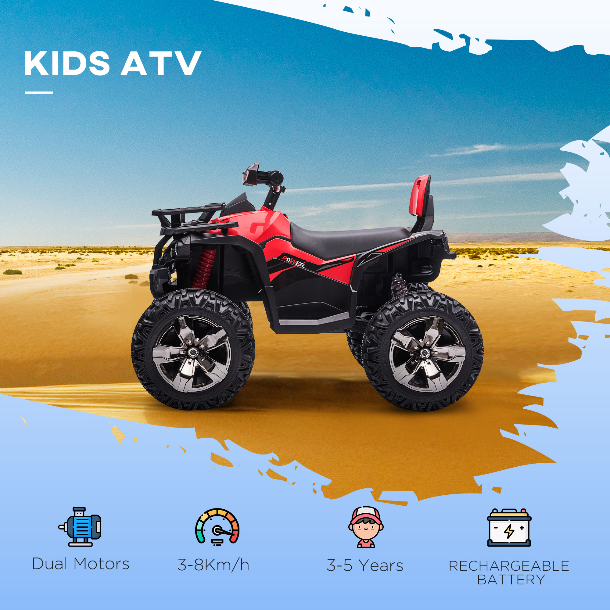 12V 4 Wheeler Kids ATV with Music, Headlights for 37-60 Months Boys and ...