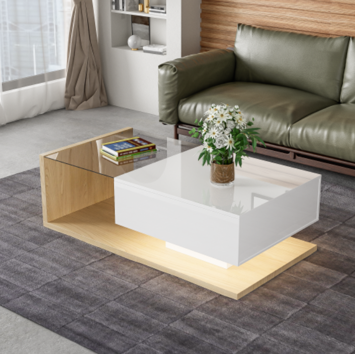 Coffee Table In High Gloss White And Wood Color Combination. Side ...