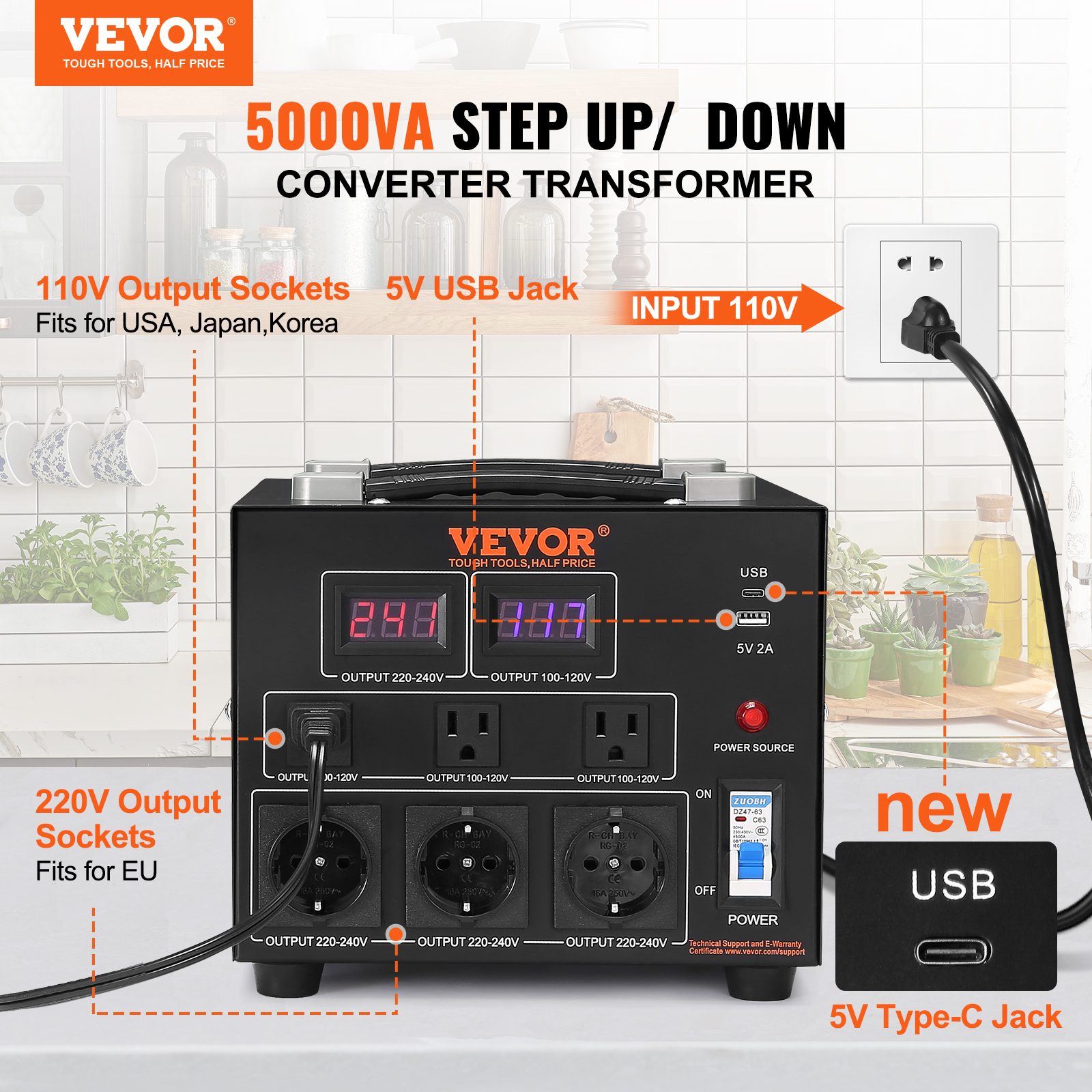 VEVOR Voltage Converter Transformer, 5000W, Heavy Duty Step Up Down ...
