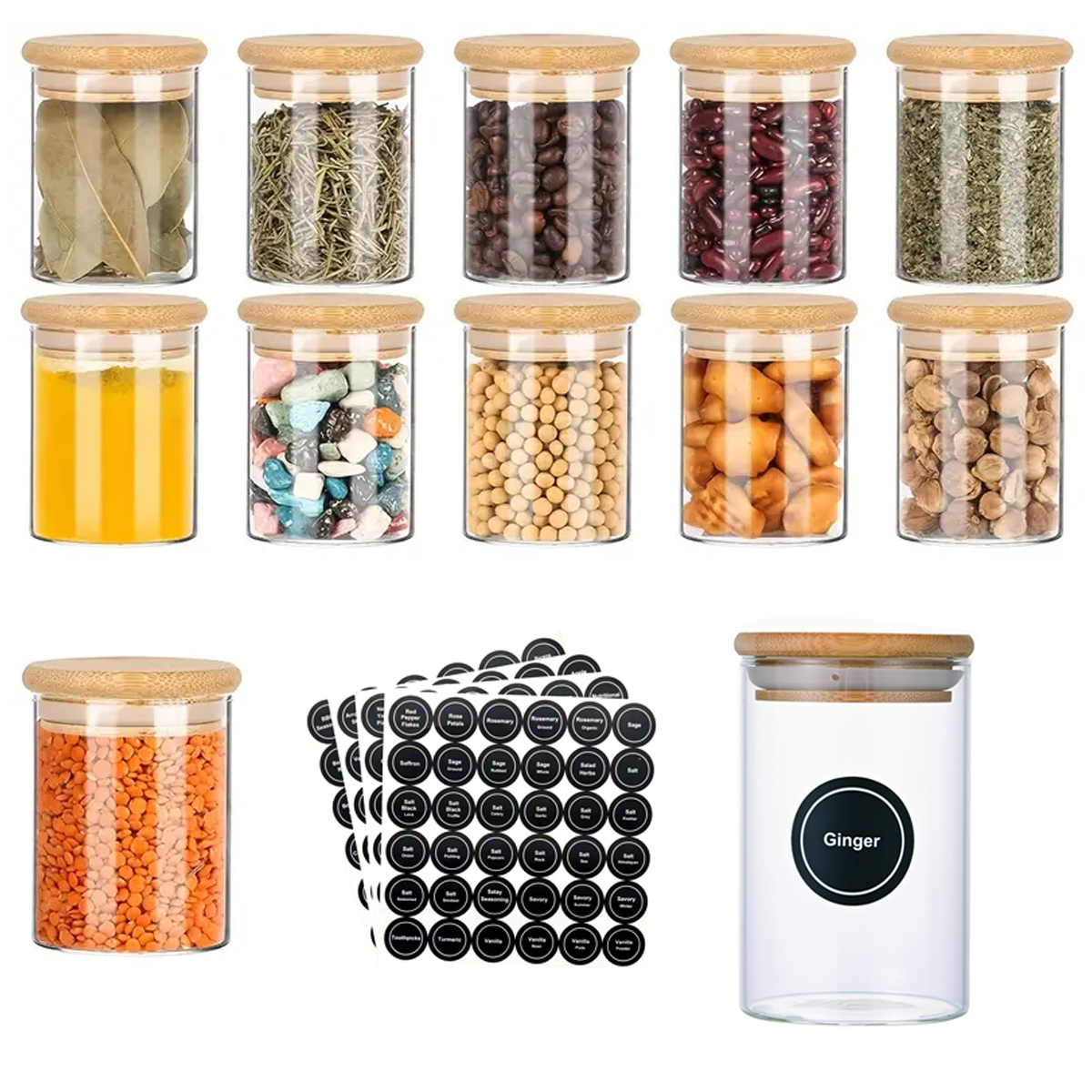 12 Pcs Round Spice Jars With Bamboo Lids And Stickers, Glass Storage ...