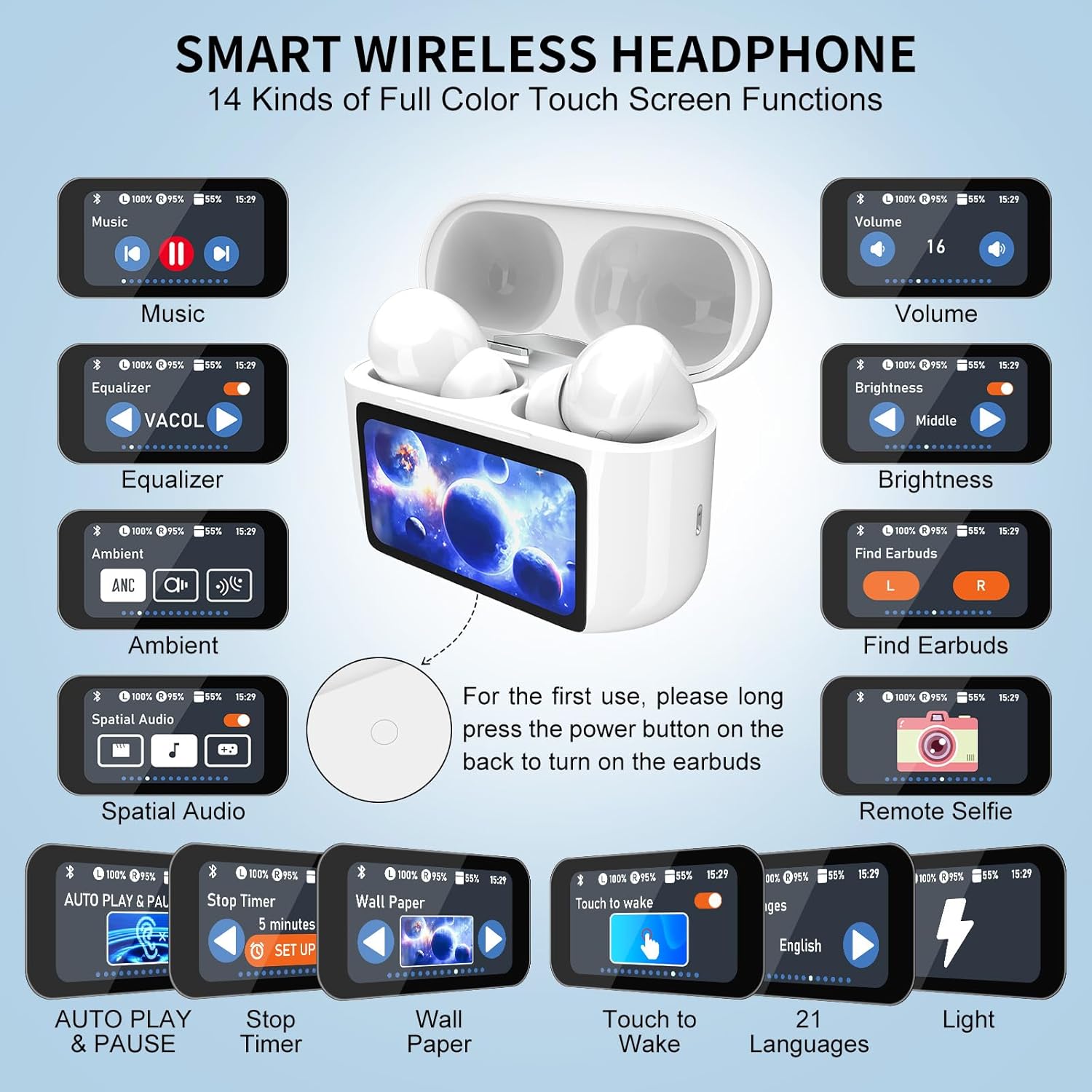 Wireless Earbuds, 5.4 Bluetooth Headphones With Touch Screen Ear Buds ...