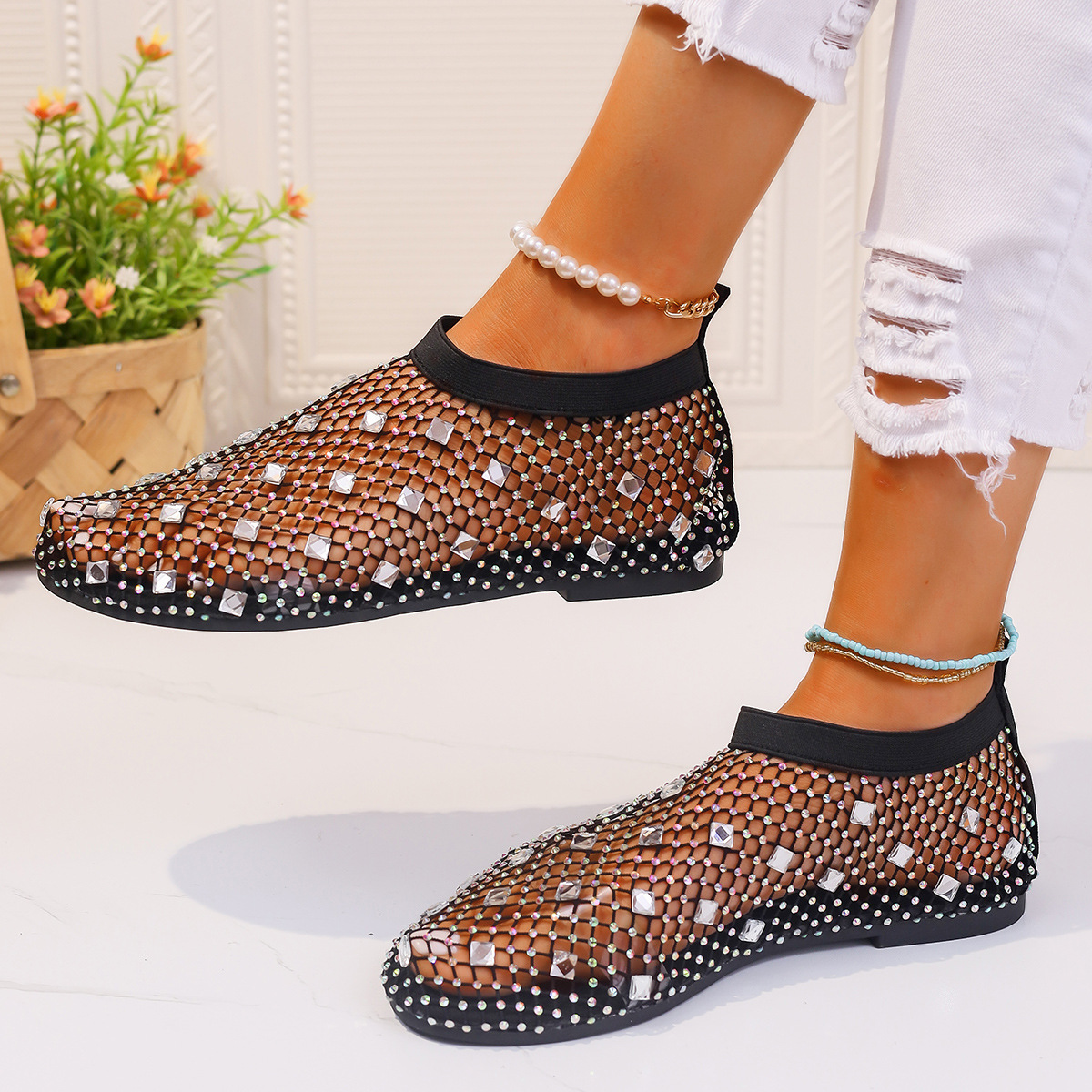 Fashion Mesh Flat Sandals With Colorful Rhinestone Design Summer New Round Toe Beach Shoes For ...