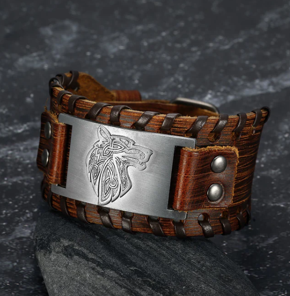 Asgard Crafted Leather Buckle Arm Cuff With Fenrir Design - CJdropshipping