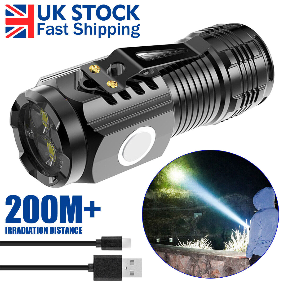 Mini Tactical LED Torch Super Bright Pocket Camping Flashlight USB ...